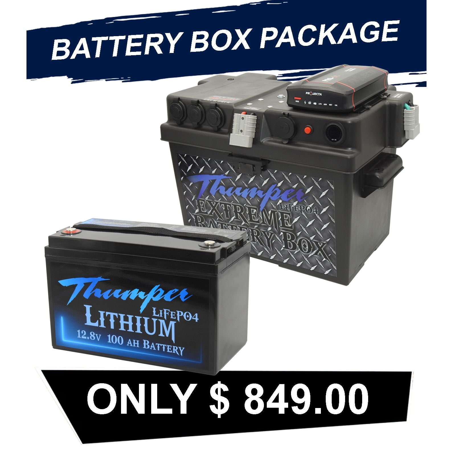 Thumper Lithium 100 AH LiFePO4 Battery TLS-100 + Thumper Battery Box P