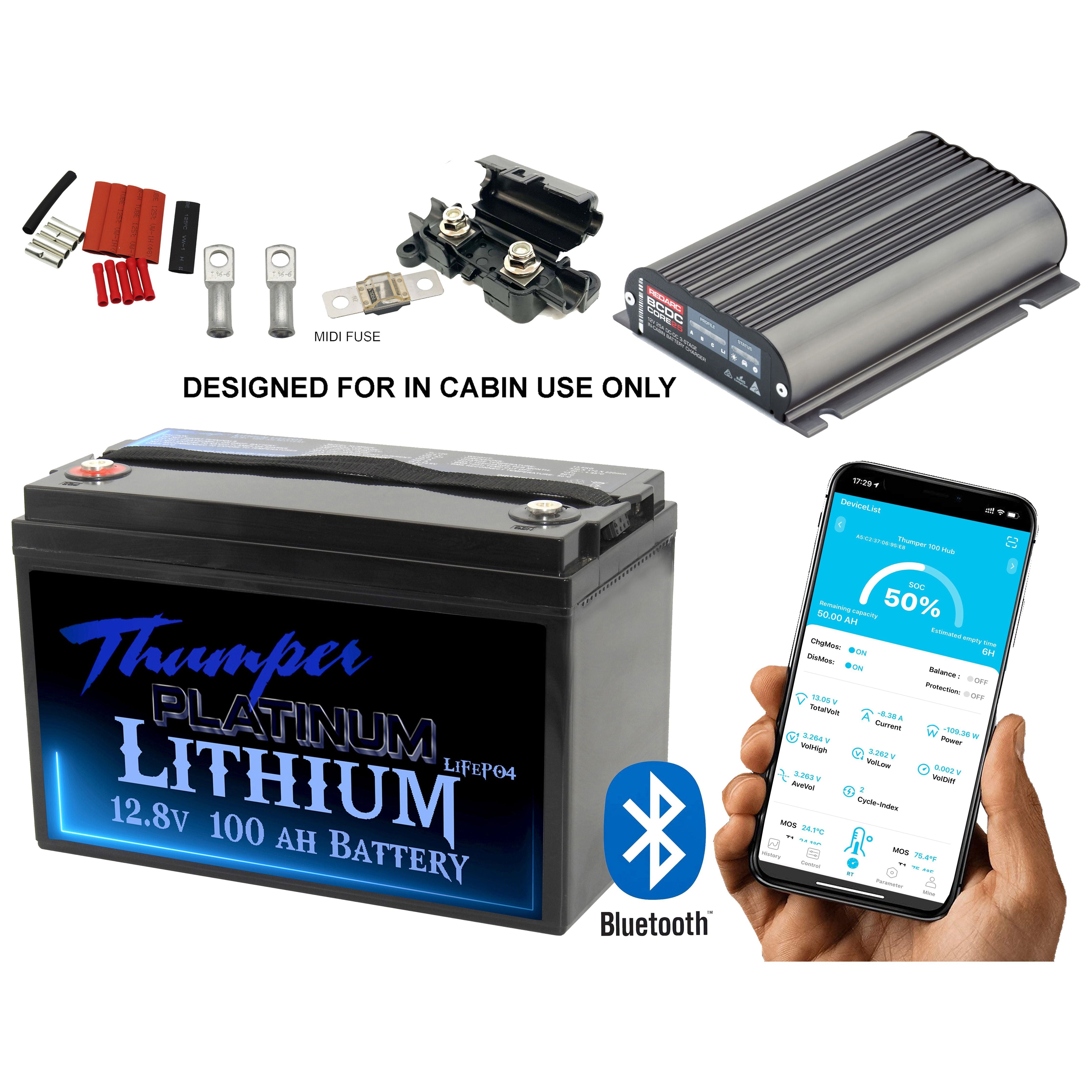 Thumper Lithium 100 AH Bluetooth & REDARC Core 25A BCDCN1225 DC-DC & M